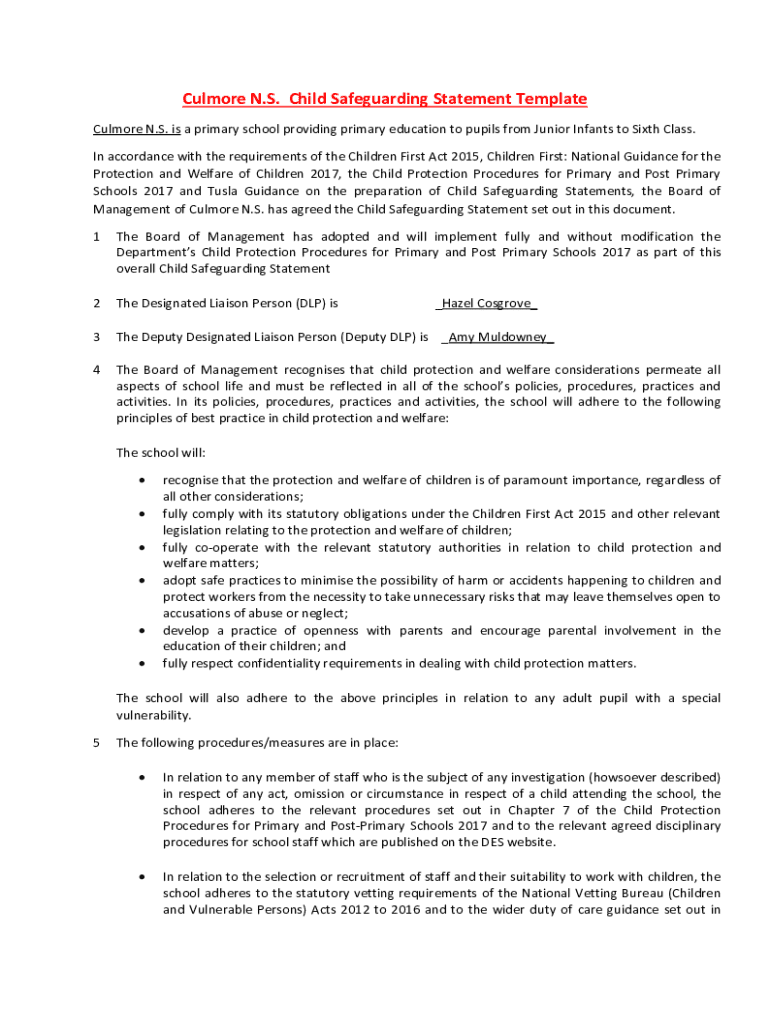 Fillable Online Culmore N.S. Child Safeguarding Statement Template Fax ...