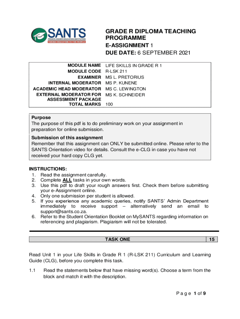 Fillable Online Grade R Life Skills Teaching Assignment 2021 - E ...