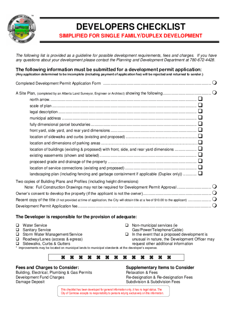 Fillable Online Developers Checklist for Single Family and Duplex Development 2023 Fax Email ...