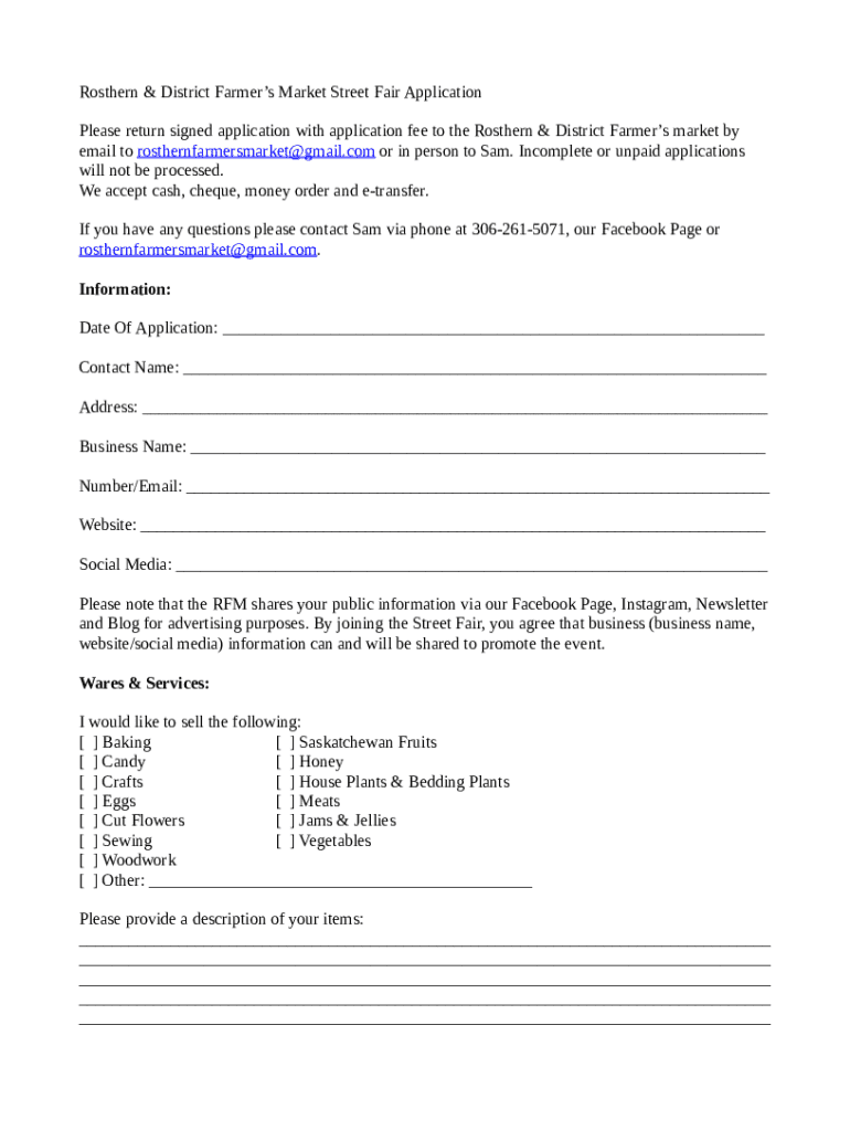 Fillable Online Rosthern Farmer’s Market Street Fair Application 2024 ...