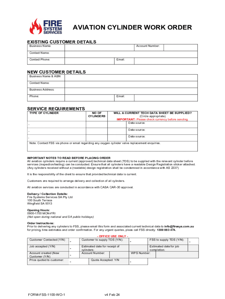 Fillable Online Aviation Cylinder Work Order 2024 - Customer Service ...