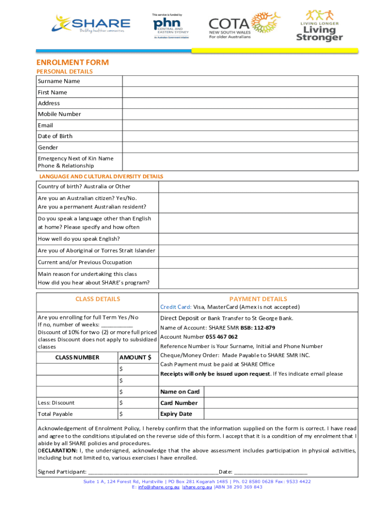 Fillable Online 2023 Share Enrolment Form for Classes and Activities ...