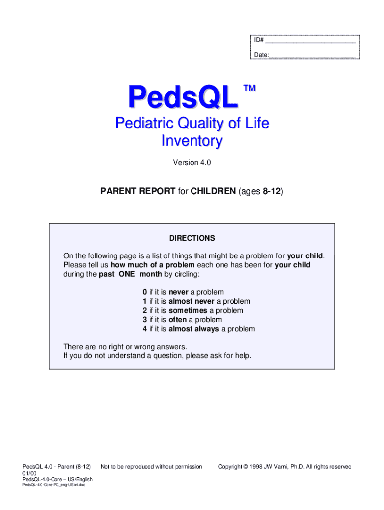 Fillable Online Pedsql Pediatric Quality of Life Inventory 4.0 - Parent ...