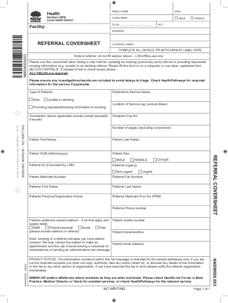 Fillable Online Patient Referral Coversheet 2023 - Essential ...