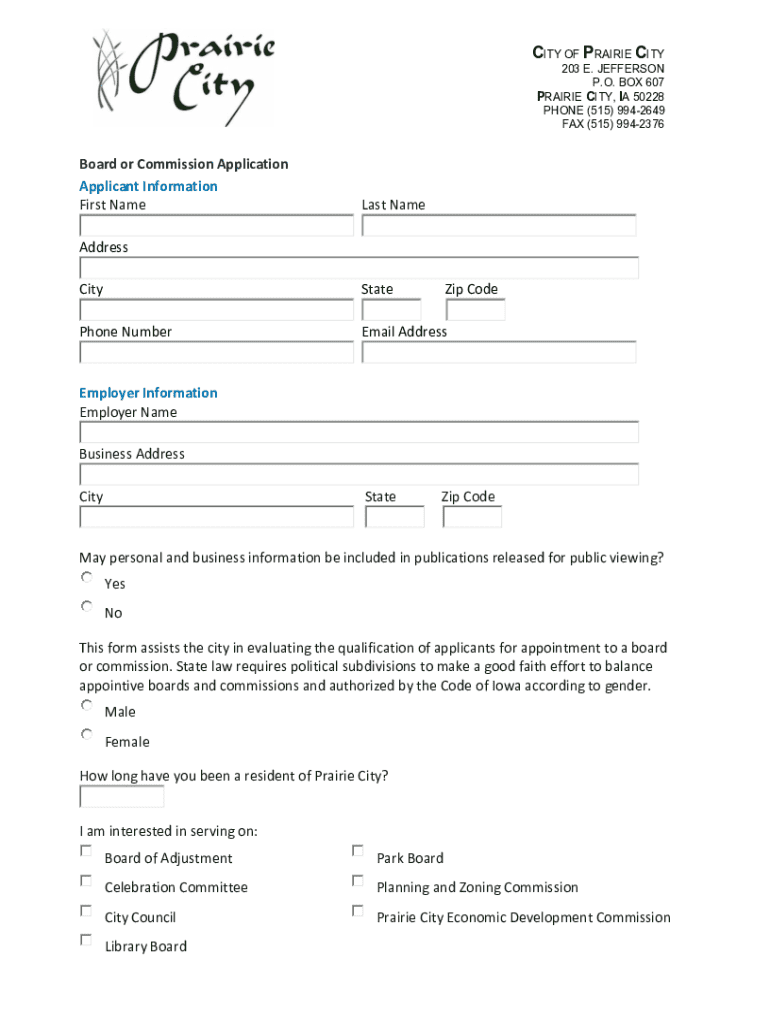 Fillable Online Prairie City Board or Commission Application Form 2023 ...