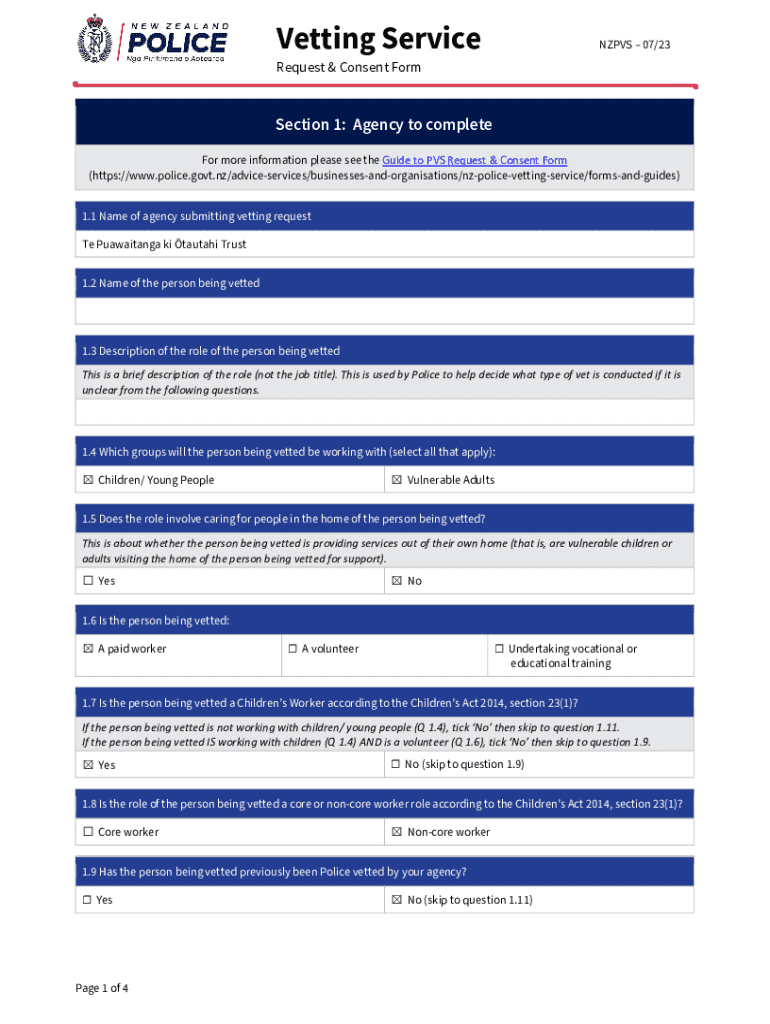 Fillable Online Vetting Service Request & Consent Form - Nzpvs 07/23 ...