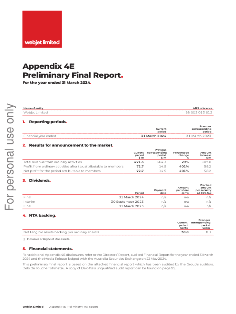 Fillable Online Webjet Limited Preliminary Final Report 2024 Fax Email Print - pdfFiller
