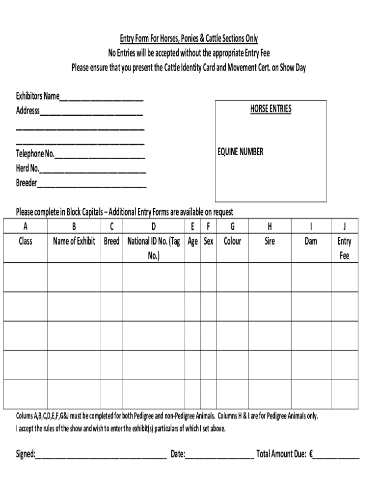 Fillable Online Entry Form for Horses, Ponies & Cattle Sections 2023 Fax Email Print - pdfFiller