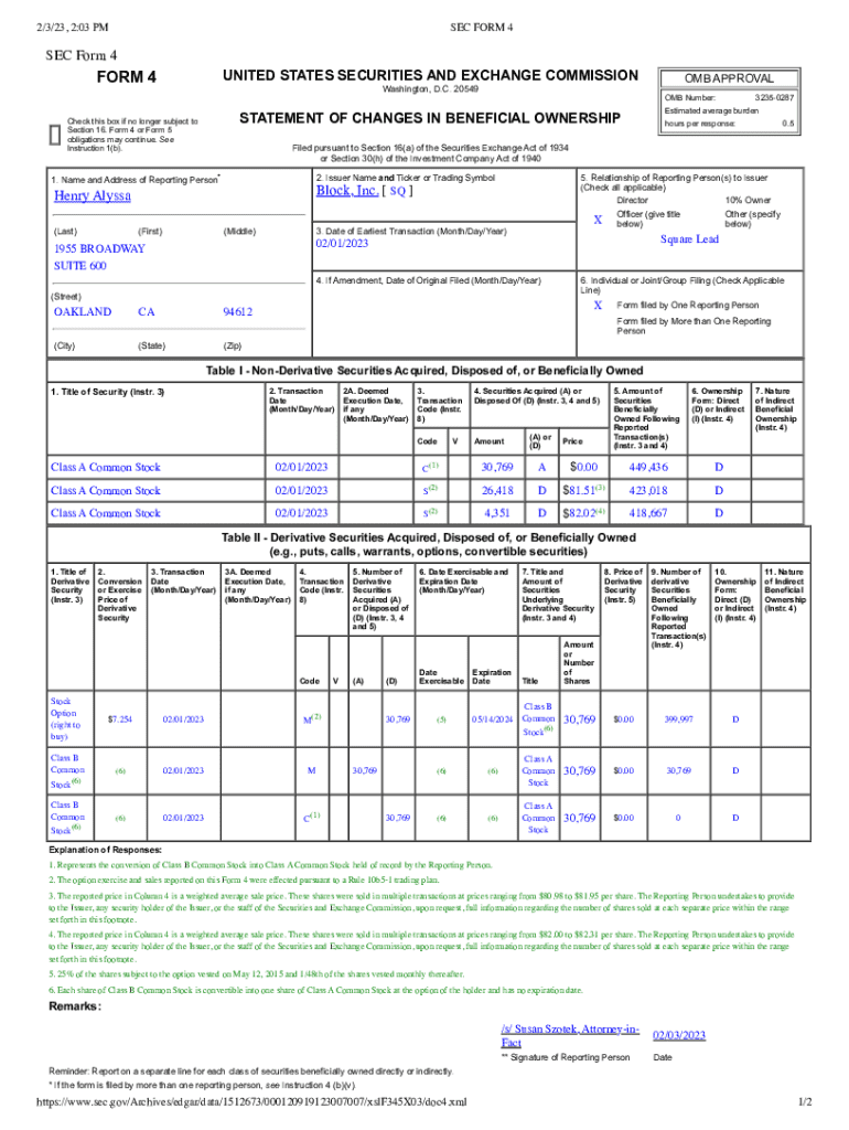 Fillable Online Sec Form 4 Filing for Block Inc. 2023 - Statement of ...