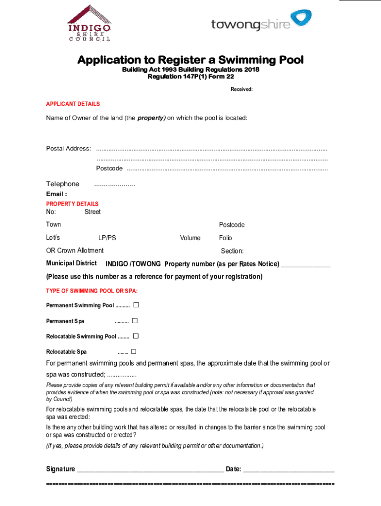 Fillable Online Application to Register a Swimming Pool - Building Act 1993 | 2023 Fax Email ...