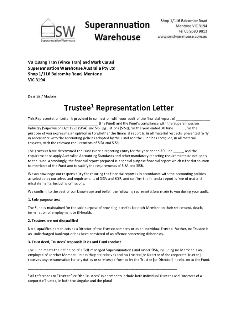 Fillable Online Trustee Representation Letter for Superannuation Fund ...