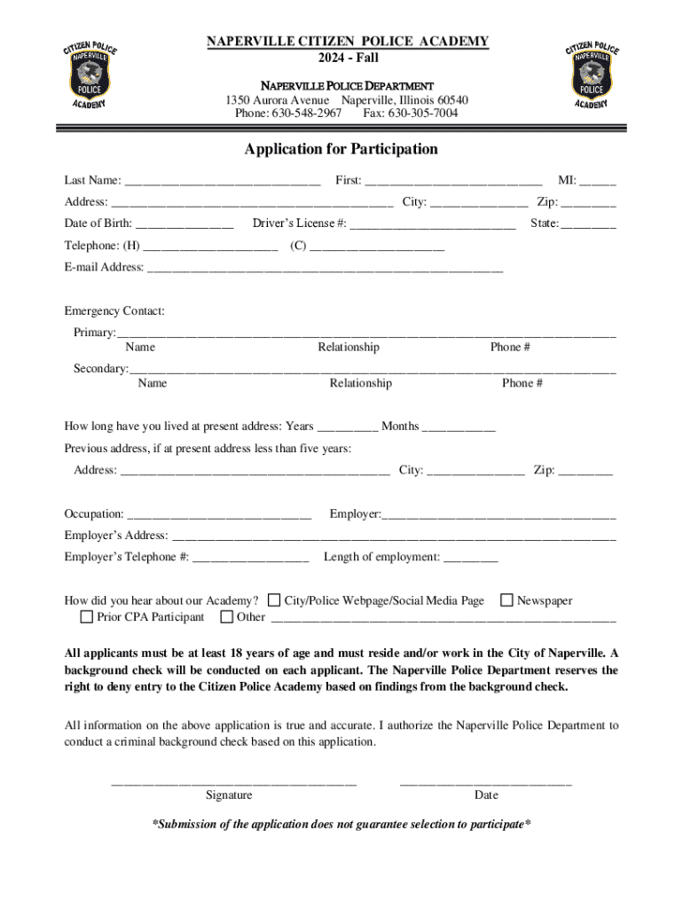 Fillable Online Naperville Citizen Police Academy Application 2024 ...