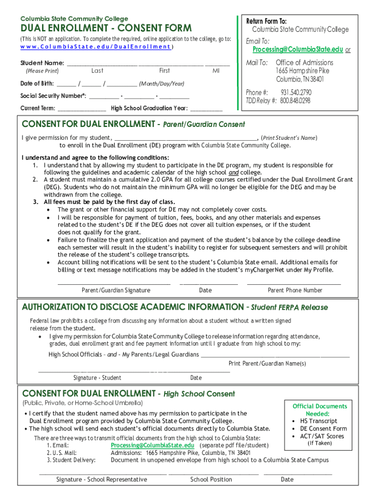 Fillable Online DUAL ENROLLMENT - CONSENT FORM Fax Email Print - pdfFiller
