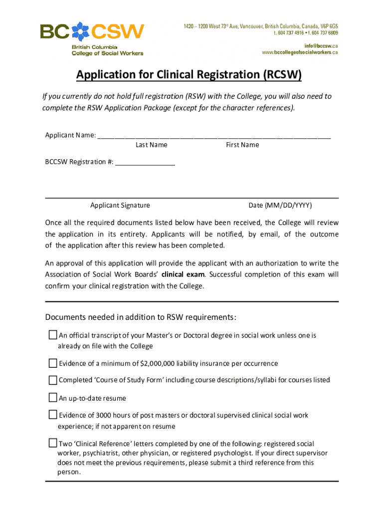 Fillable Online Clinical Registration Application Rcsw 2023 - Bc College of Social Workers Fax ...
