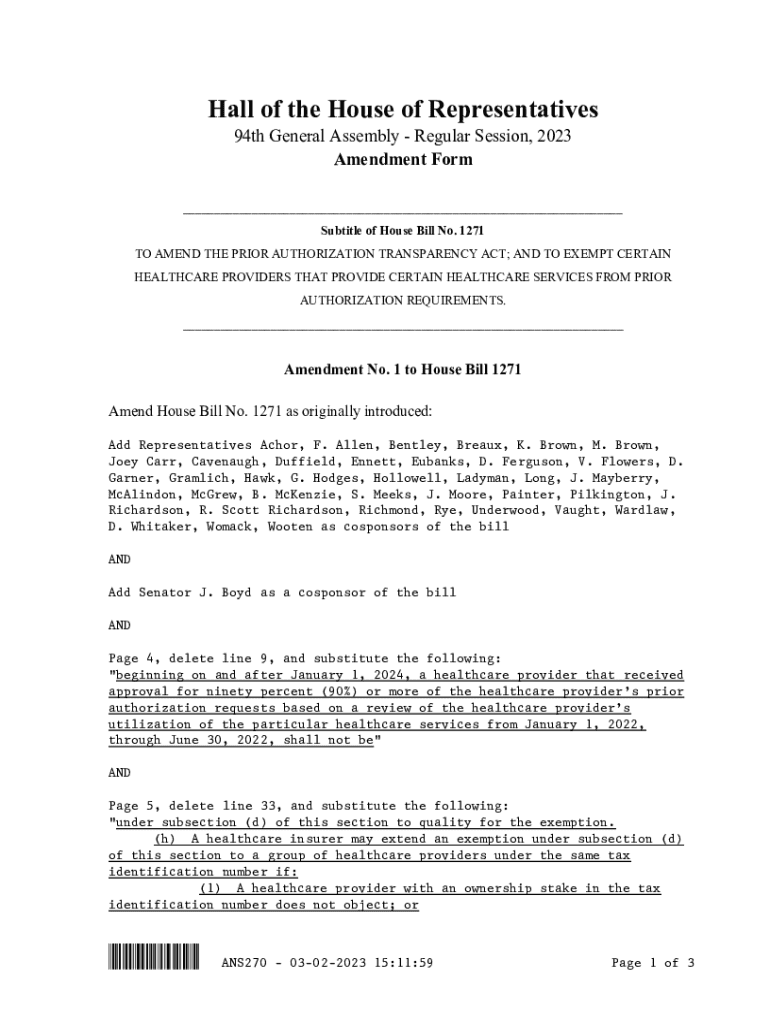 Fillable Online Amendment to House Bill 1271: Prior Authorization ...