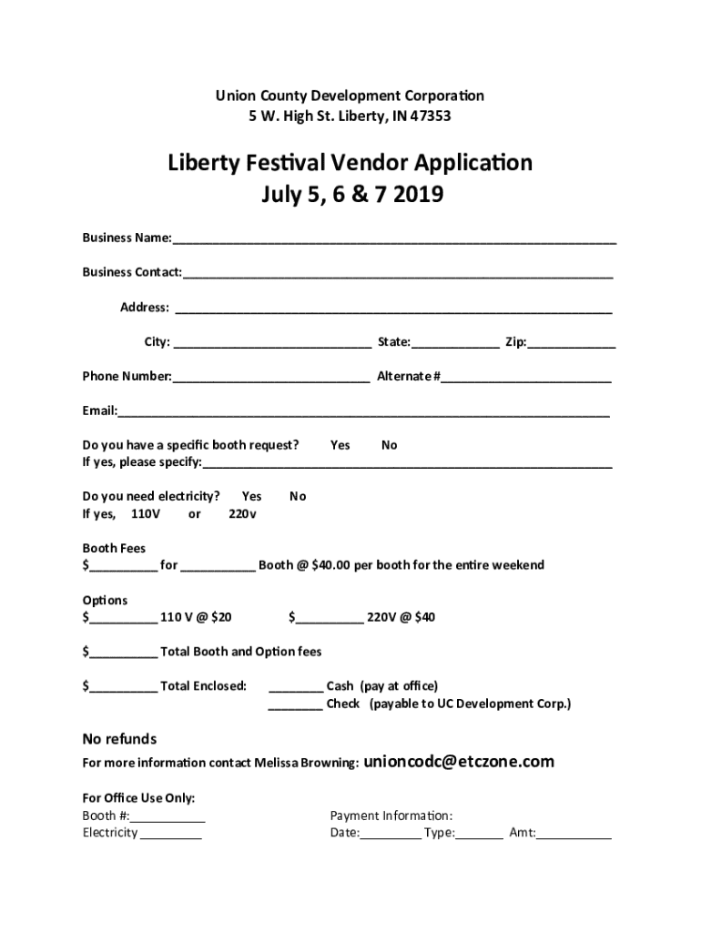 Fillable Online Liberty Festival Vendor Application 2019 | Union County Development Corporation ...