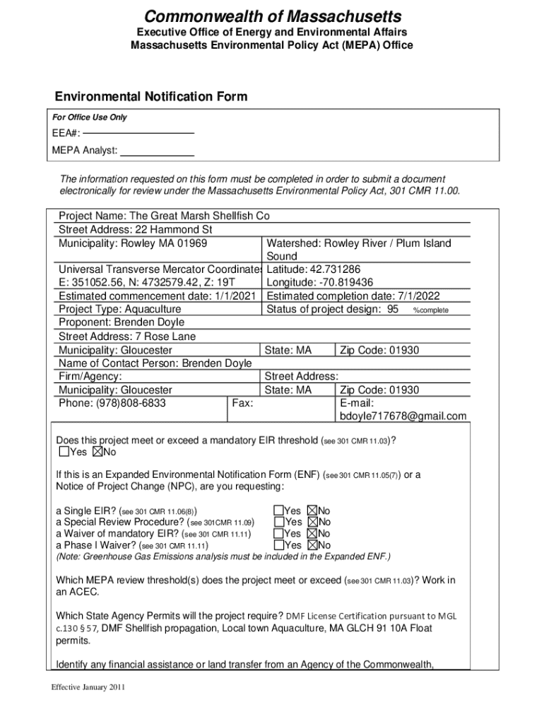 Fillable Online Great Marsh Shellfish Co Aquaculture Project - Mepa ...