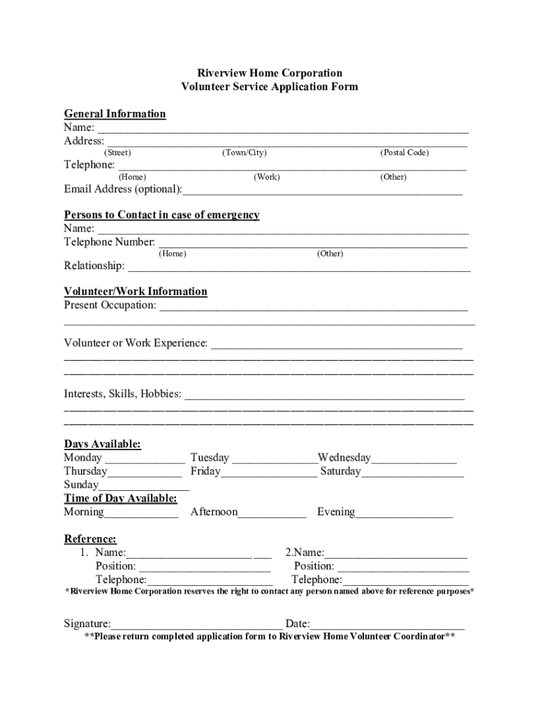 Fillable Online Riverview Home Corporation Volunteer Service Application Form 2023 Fax Email ...