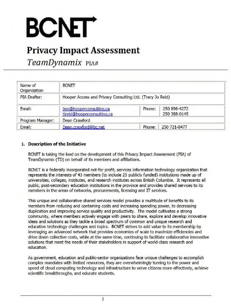Fillable Online Privacy Impact Assessment for Teamdynamix by Bcnet 2023 ...
