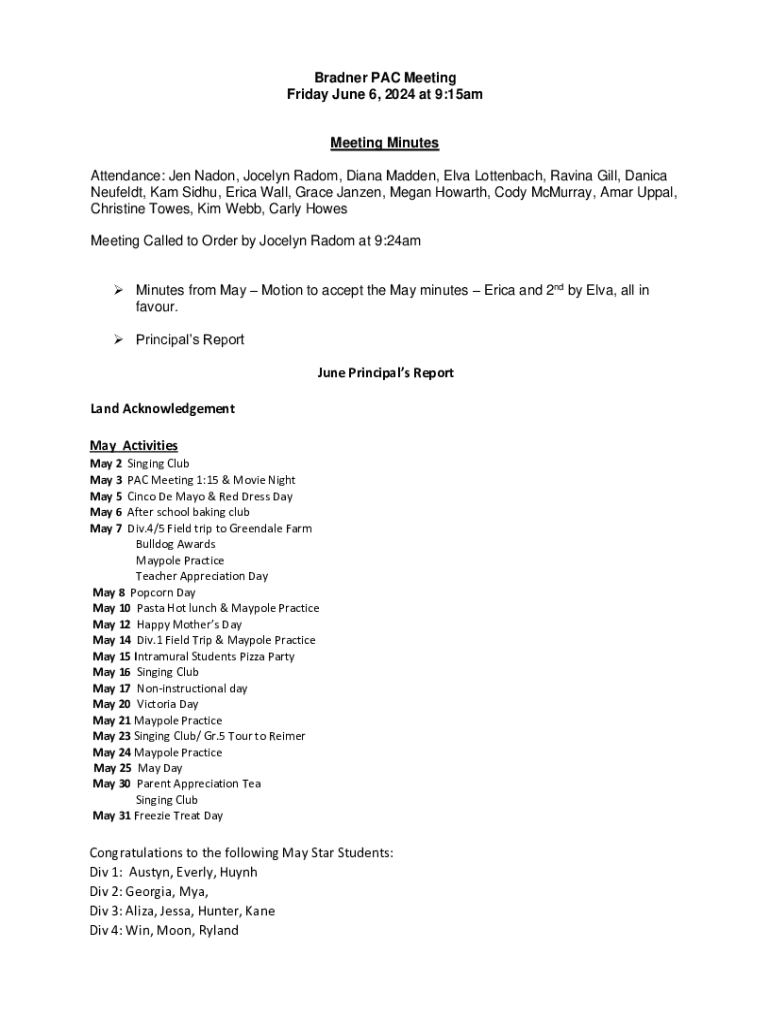 Fillable Online Bradner Pac Meeting Minutes - June 2024 Updates and ...