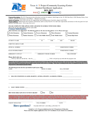 Fillable Online Texas Ace Project Enrollment Application 2021-2022 for ...