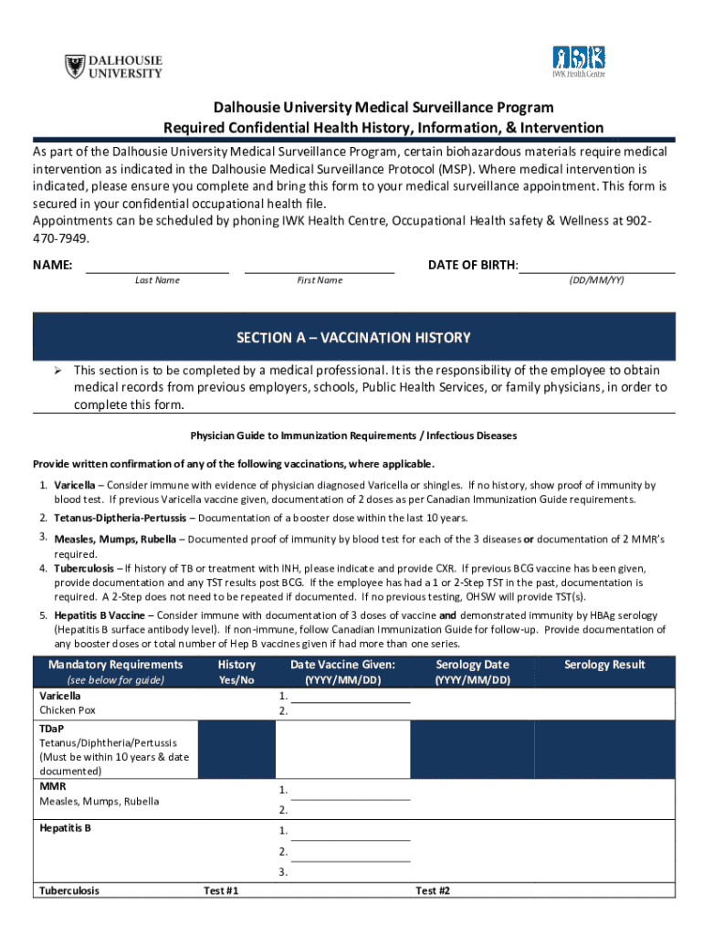 Fillable Online Dalhousie University Medical Surveillance Program ...
