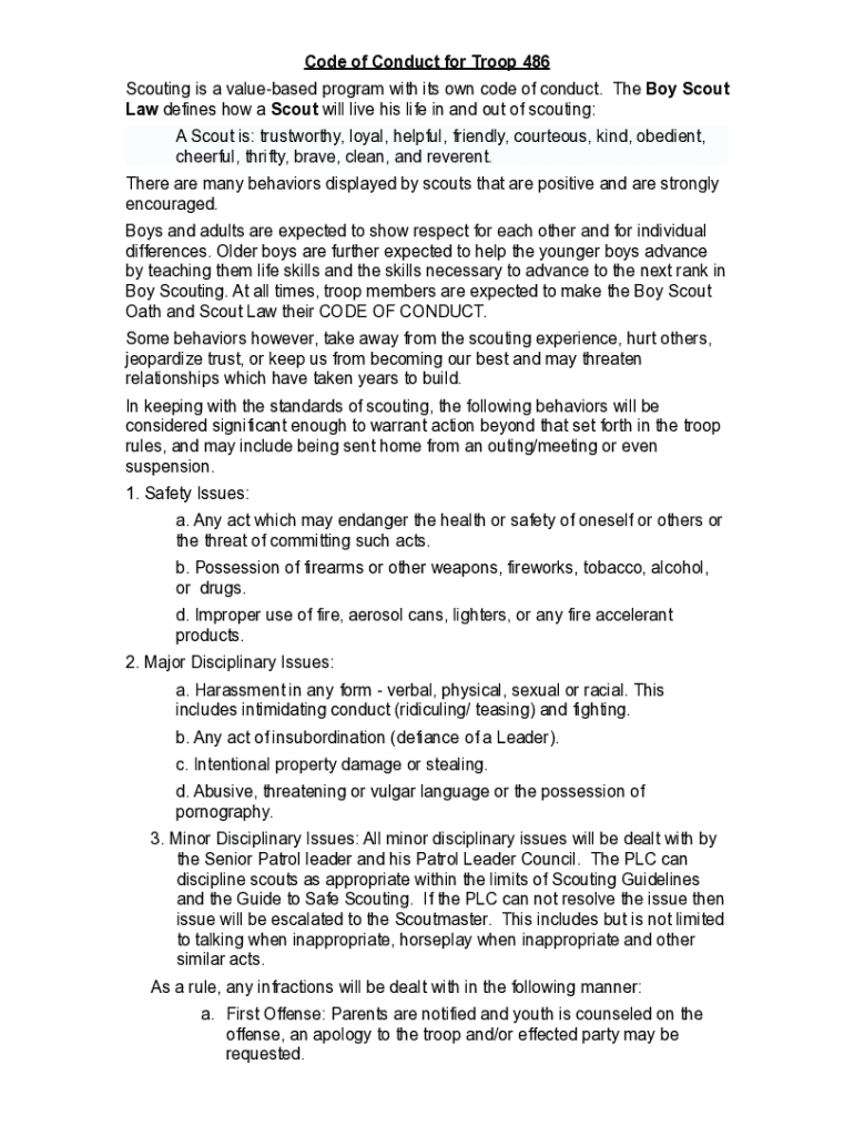 Fillable Online Troop 486 Code of Conduct - Guide for Scouts 2023 Fax ...