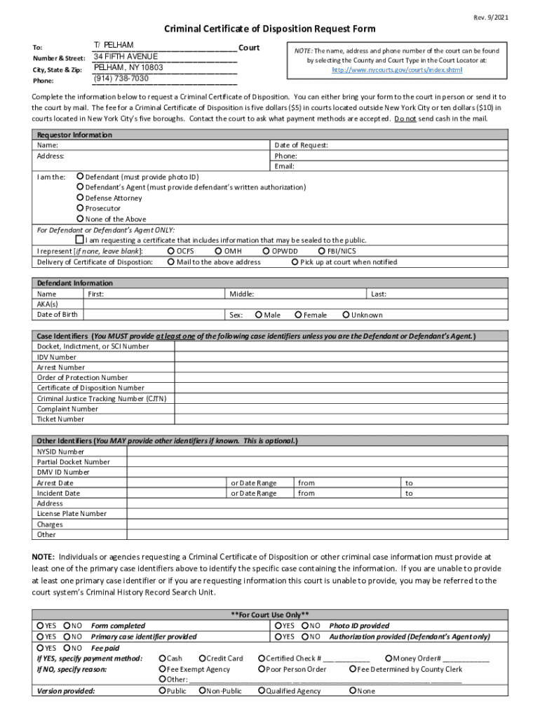 Fillable Online Certificate of Disposition Request Form - Town of Pelham Fax Email Print - pdfFiller