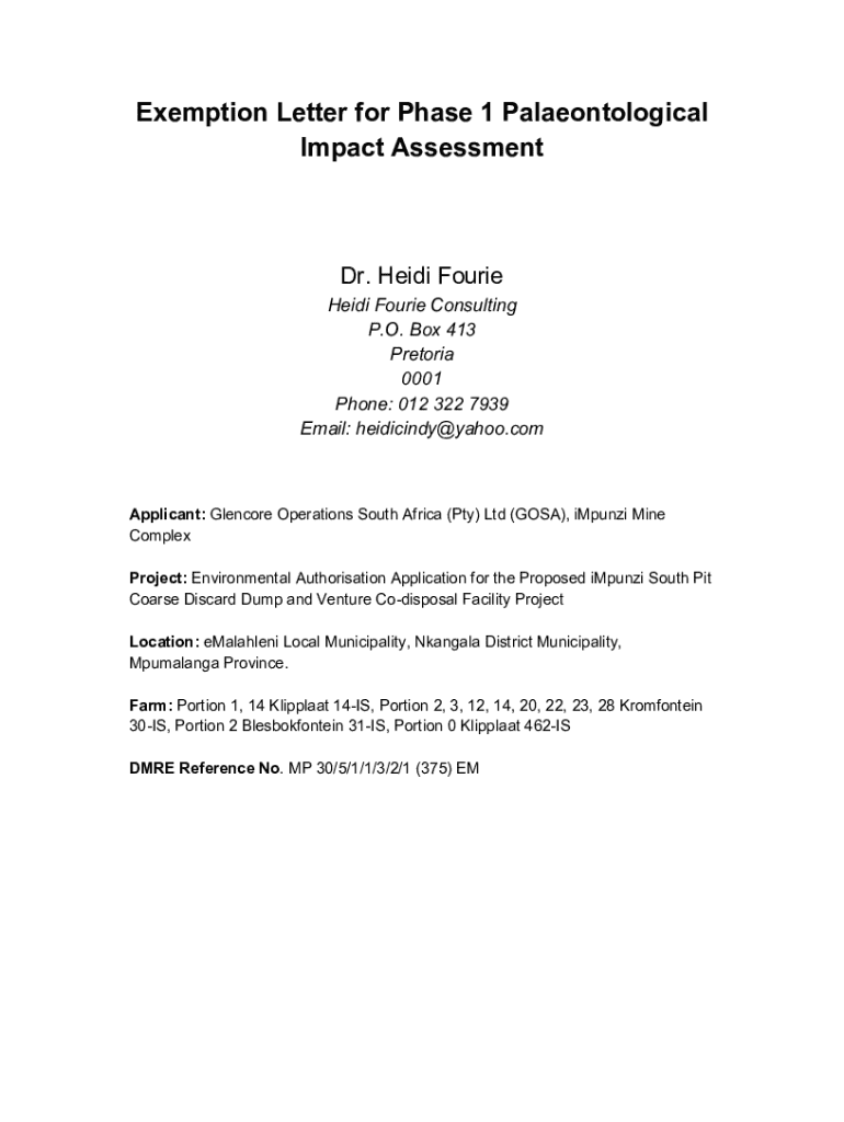 Fillable Online Exemption Letter for Palaeontological Impact Assessment ...