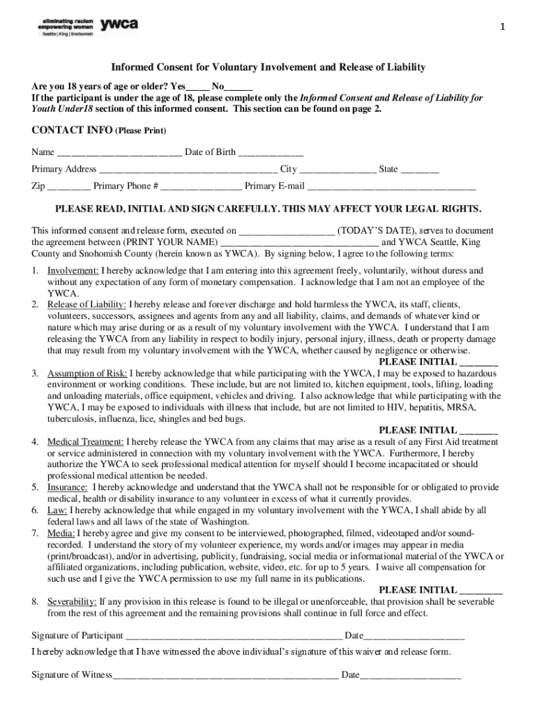 Fillable Online Informed Consent and Release of Liability for Ywca ...