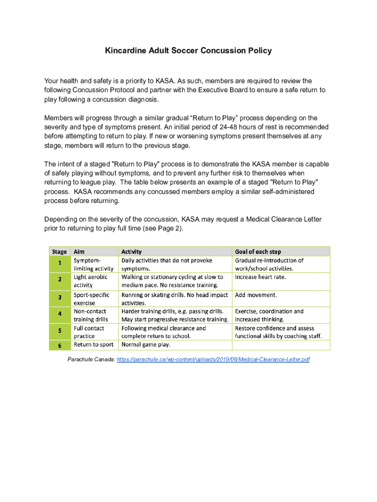 Fillable Online KASA Concussion Policy and Medical Clearance Letter Fax ...