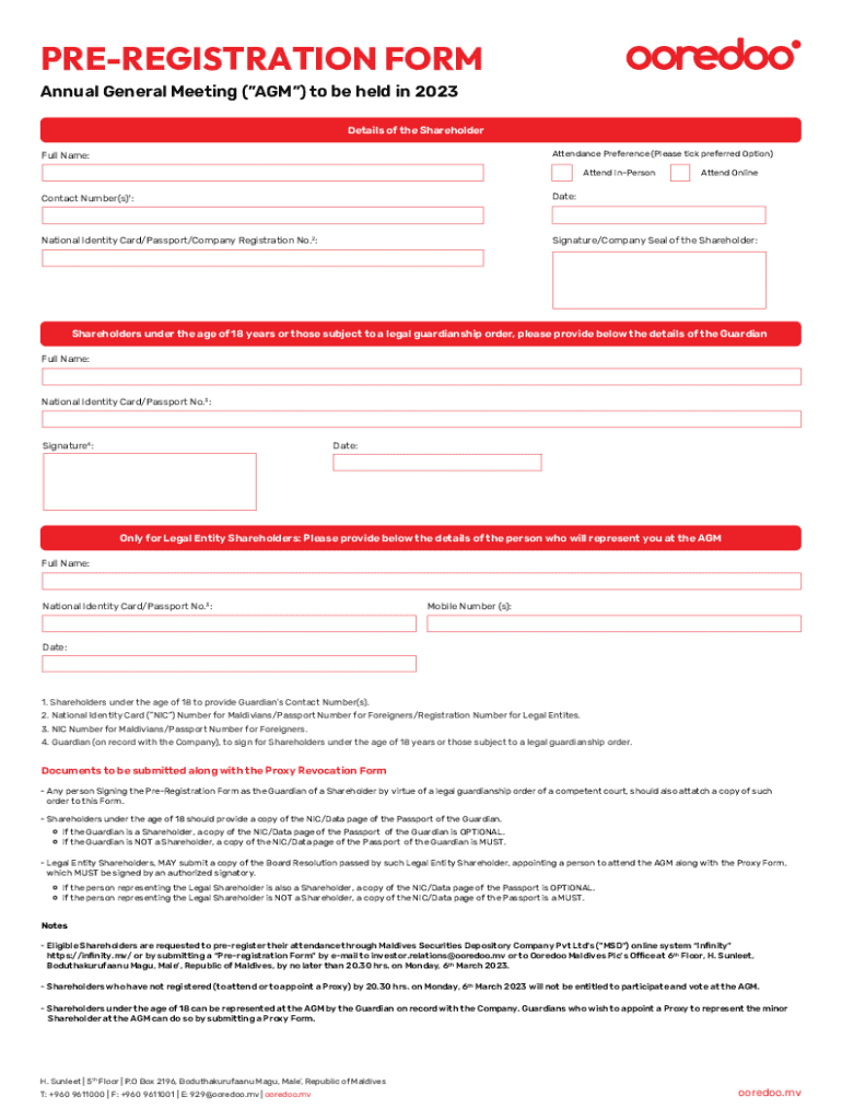 Fillable Online Pre-registration Form for Agm 2023 - Ooredoo Maldives ...