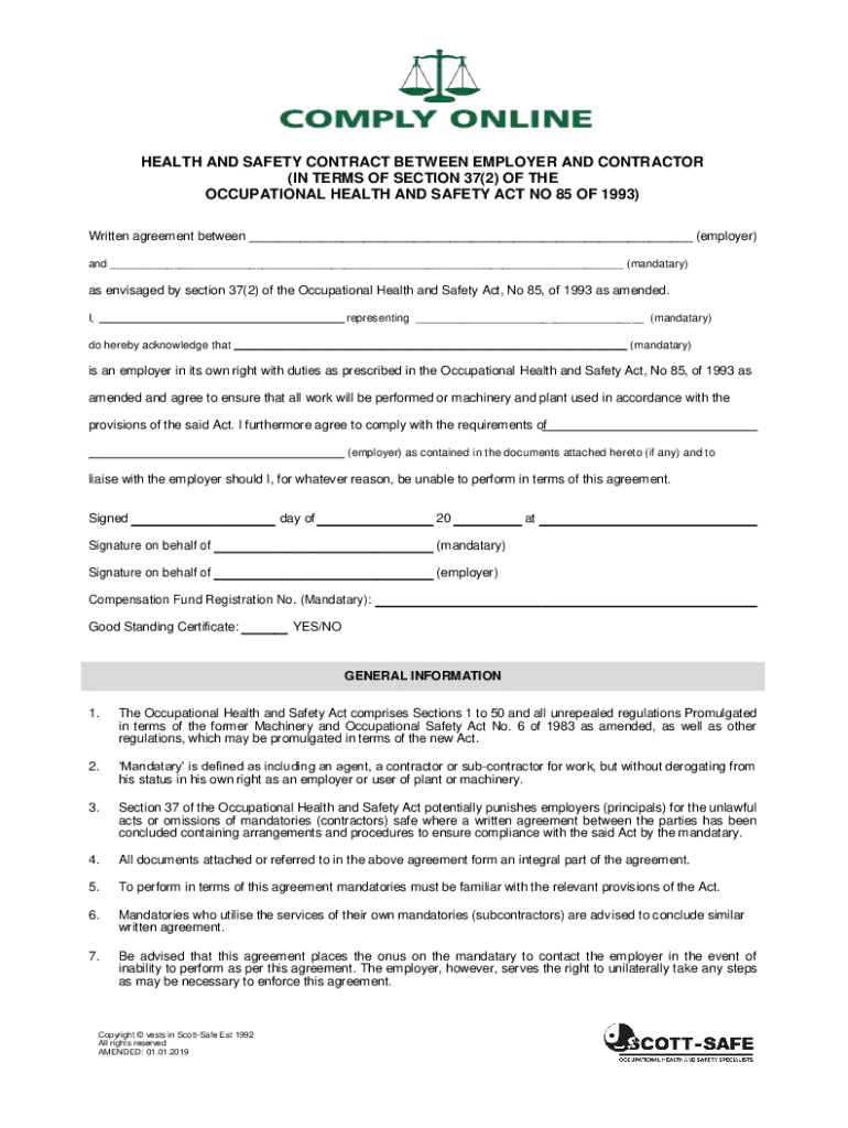 Fillable Online Written agreement on Occupational Health and Safety Fax ...
