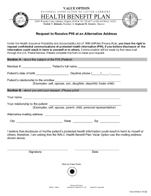 Fillable Online Request for Phi at Alternative Address - Nalc Health Benefit Plan 2022 Fax Email ...