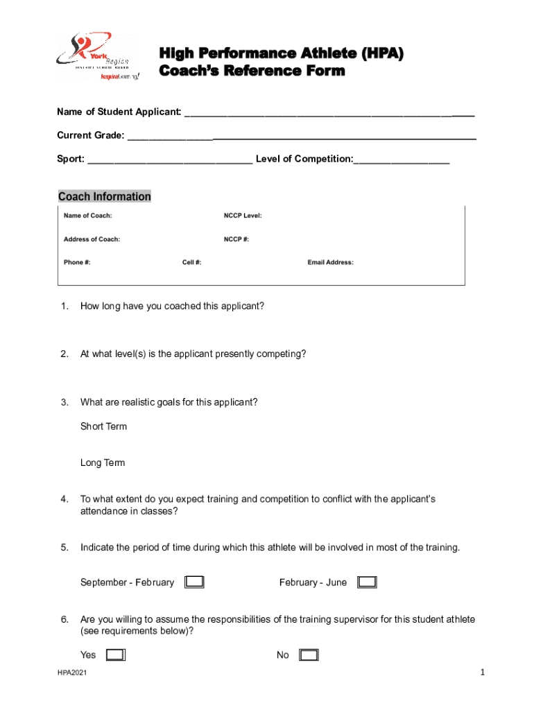 Fillable Online High Performance Athlete (HPA) Coach\'s Reference Form Fax Email Print - pdfFiller