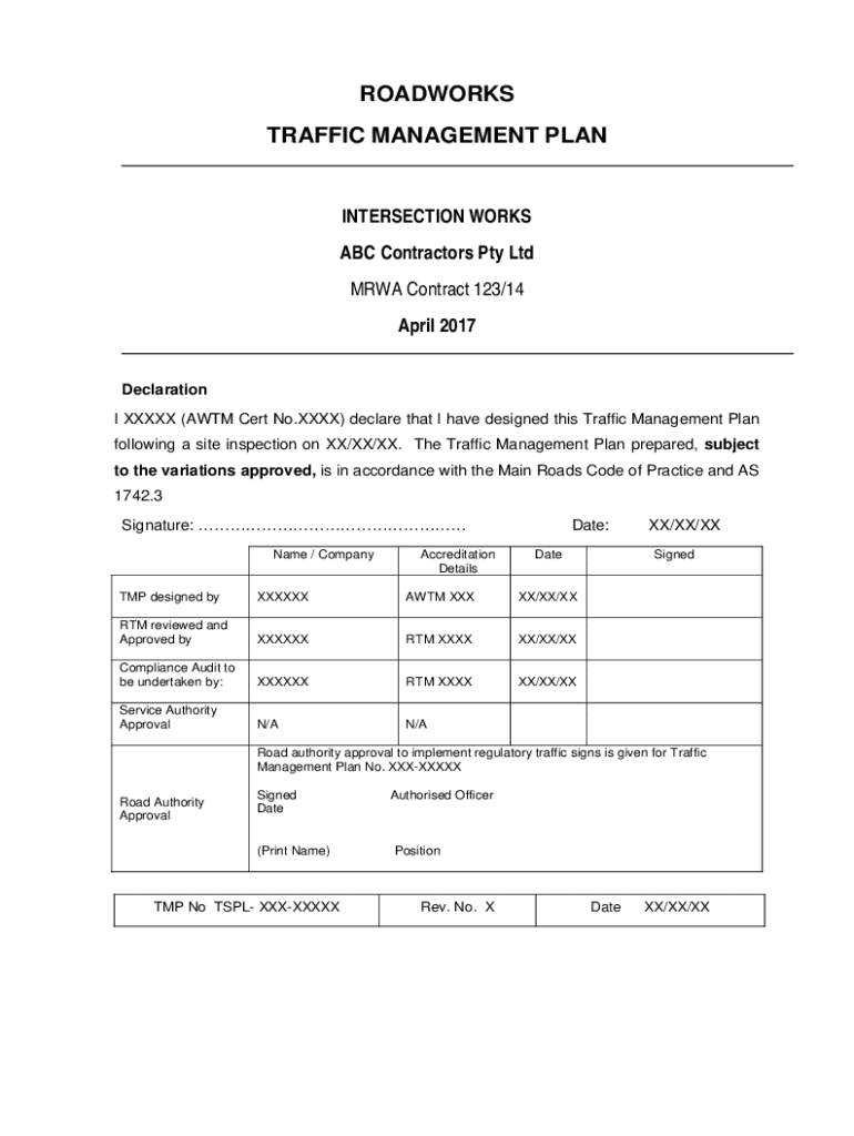 Fillable Online Traffic Management Plan for Abc Contractors - Roadworks ...