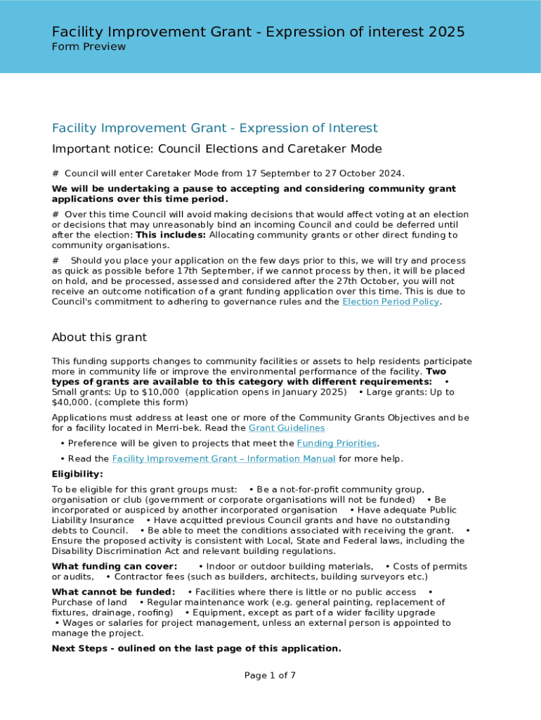 Fillable Online Facility Improvement Grant Expression of Interest 2025 Fax Email Print - pdfFiller