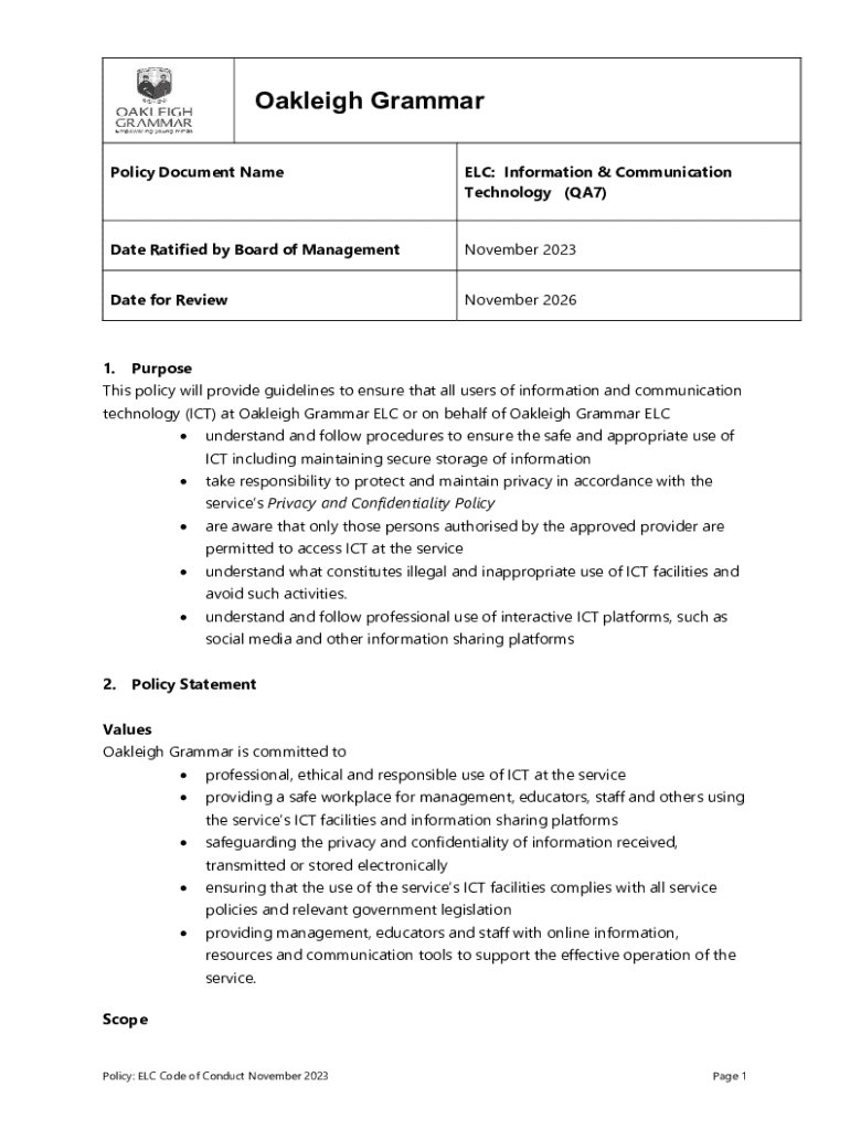 Fillable Online Oakleigh Grammar Elc Ict Policy 2023 - Guidelines for Responsible Use Fax Email ...