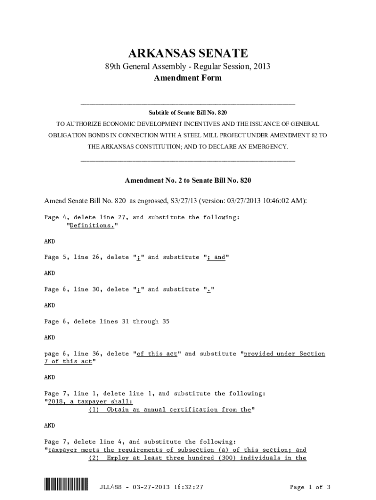 Fillable Online 2013 Arkansas Senate Bill 820 Amendment for Economic ...