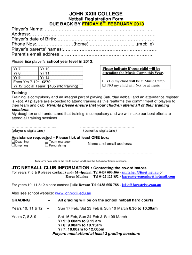Fillable Online John Xxiii College Netball Registration Form 2013 ...