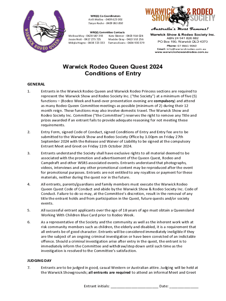 Fillable Online Warwick Rodeo Queen Quest 2024 Conditions of Entry and ...