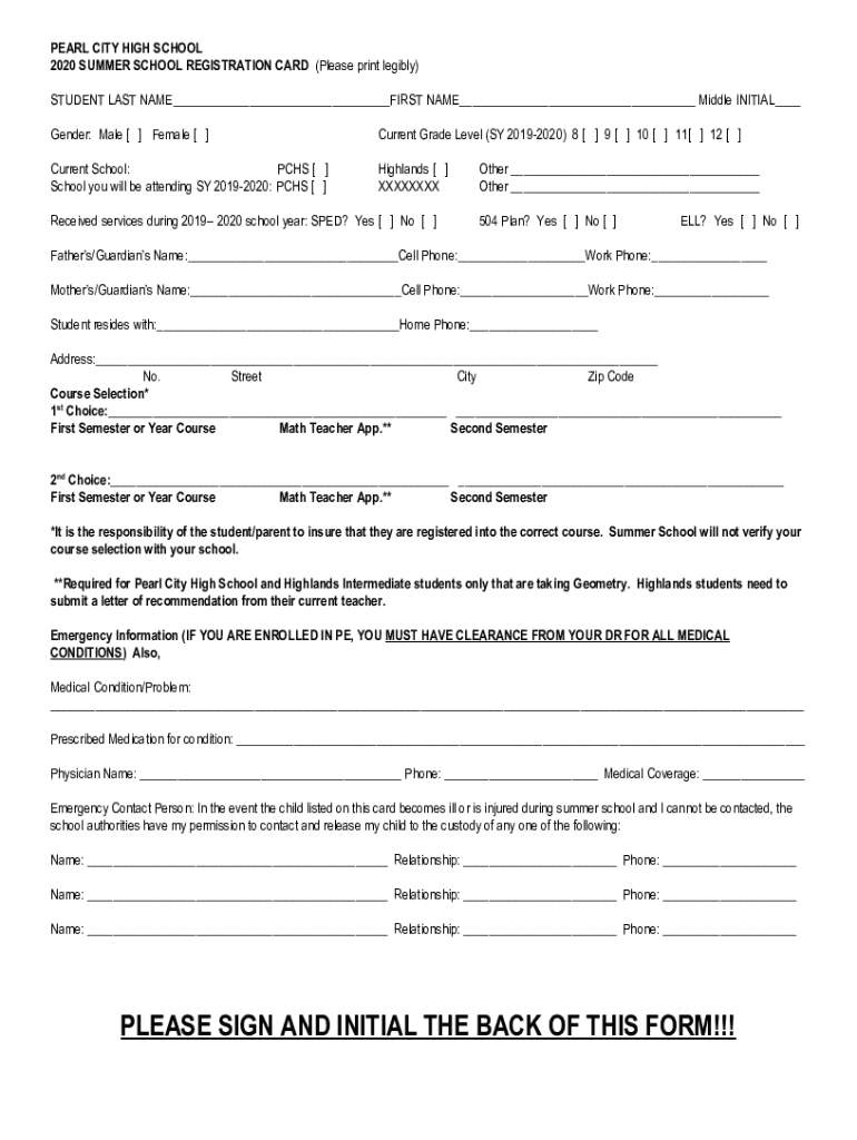 Fillable Online 2020 Summer School Registration Form for Pearl City ...