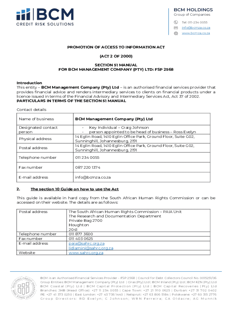 Fillable Online Section 51 Manual for Bcm Management Company (pty) Ltd ...
