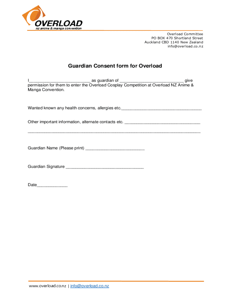 Fillable Online Guardian Consent Form for Overload Cosplay Competition ...