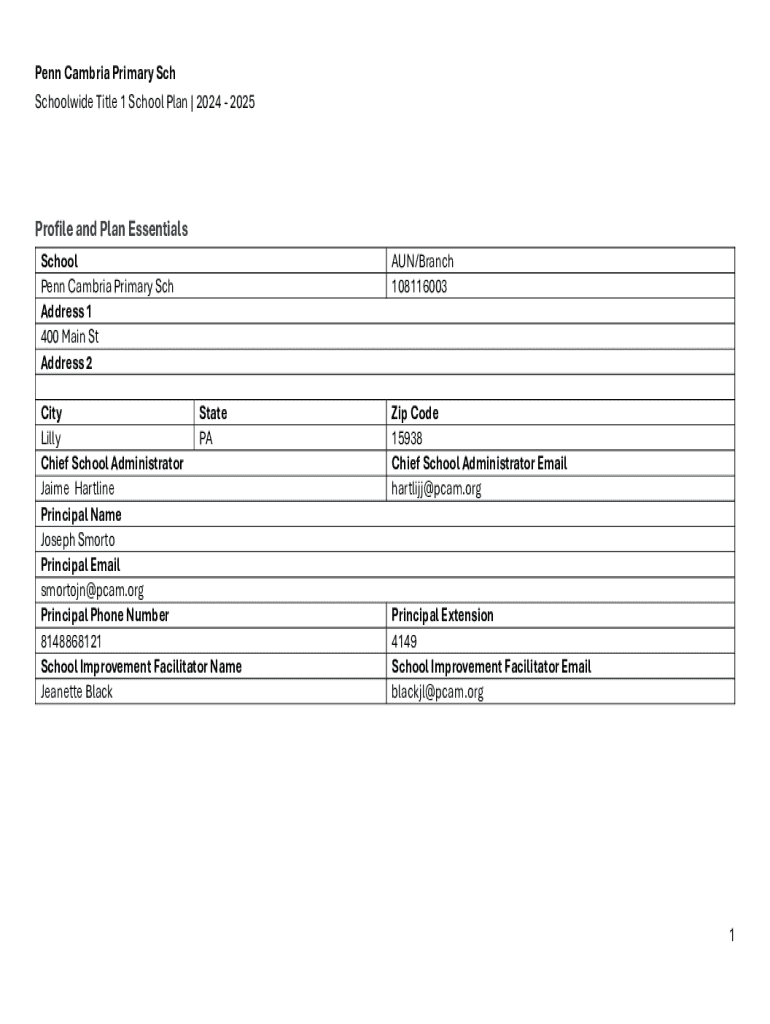 Fillable Online 1 Penn Cambria Pre-Primary Schoolwide Title 1 School Plan Fax Email Print ...
