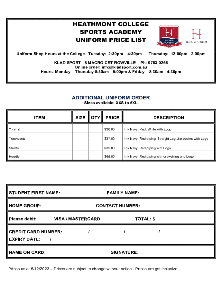 Fillable Online Heathmont College Sports Academy Uniform Price List ...