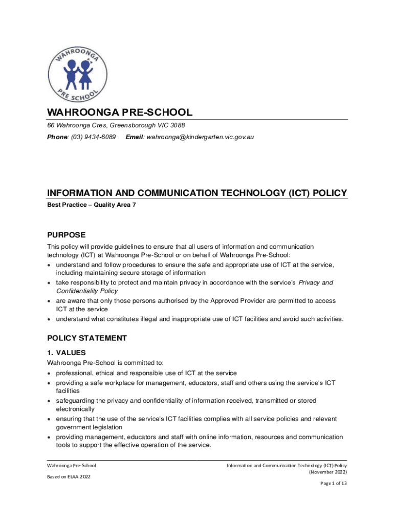 Fillable Online Wahroonga Pre-school Ict Policy 2022: Guidelines for ...