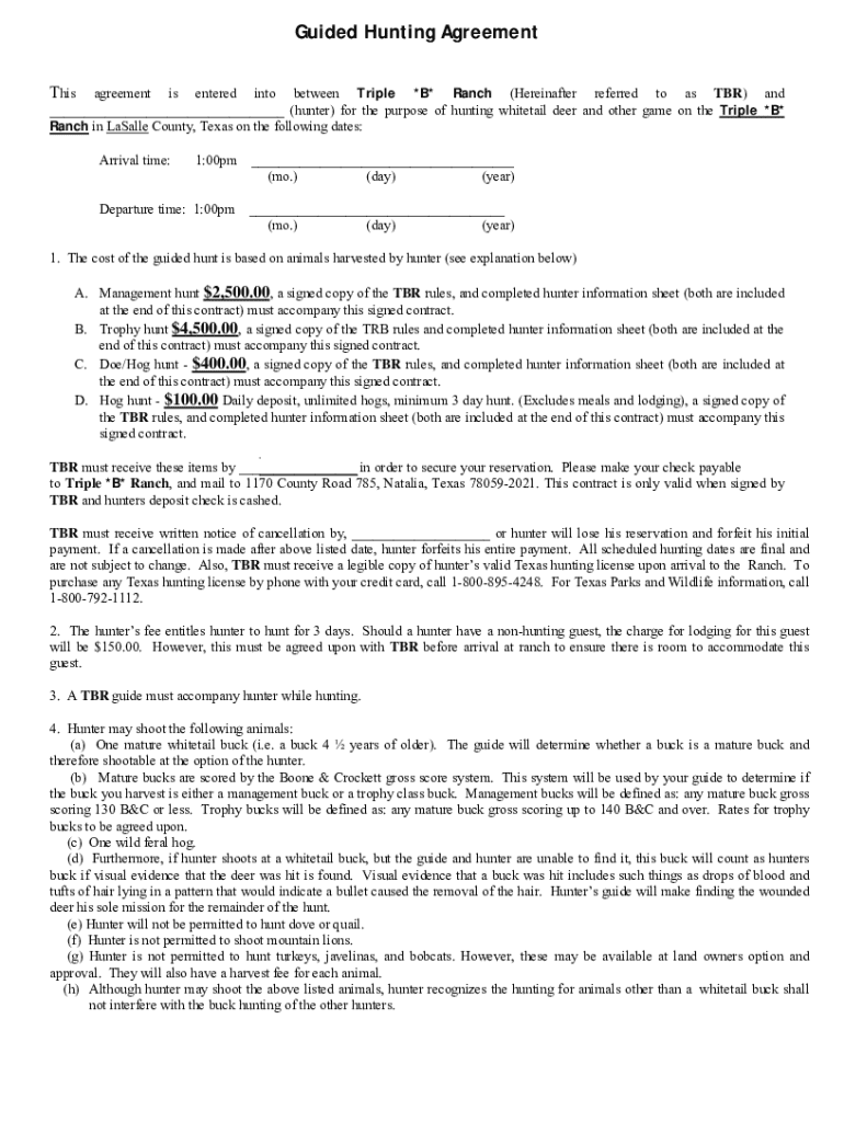 Fillable Online 2023 Guided Hunting Agreement for Whitetail Deer at ...