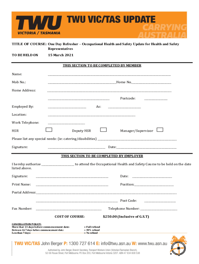 Fillable Online Health & Safety Representative (HSR) Basic Training Fax ...