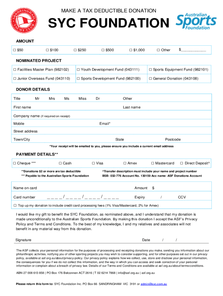 Fillable Online Make a Tax Deductible Donation to Syc Foundation 2023 Fax Email Print - pdfFiller